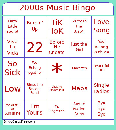 2000s Music Bingo Cards - Free Unlimited #6