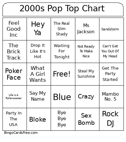 2000s Pop Top Chart Bingo Cards - Free Unlimited