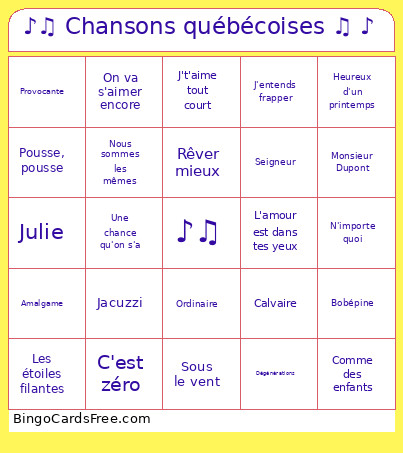 Quebec Bingo Cards - Free Unlimited