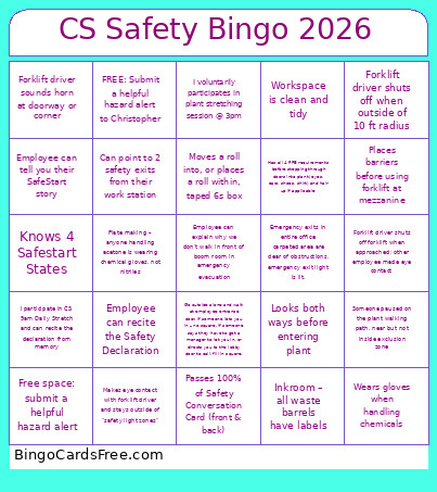 CS Safety Bingo 2026 Cards - Free Unlimited
