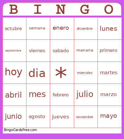 Days and months Bingo Cards - Free Unlimited