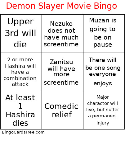 DJ - Demon Slayer Movie Bingo Cards - Free Unlimited