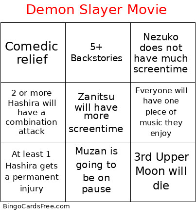 DK - Demon Slayer Movie Bingo Cards - Free Unlimited