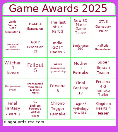 Game Awards Bingo Cards - Free Unlimited #36