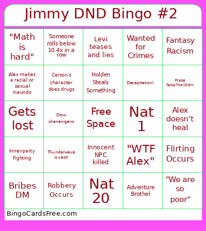 Jimmy DND Bingo #1 Cards - Free Unlimited