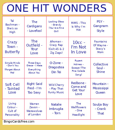 ONE HIT WONDERS Bingo Cards - Free Unlimited #5