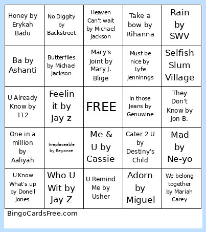 R&B BINGO Cards - Free Unlimited #2