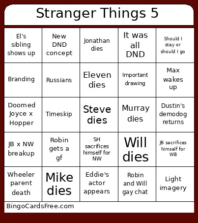 Stranger Things 5 Bingo Cards - Free Unlimited #5