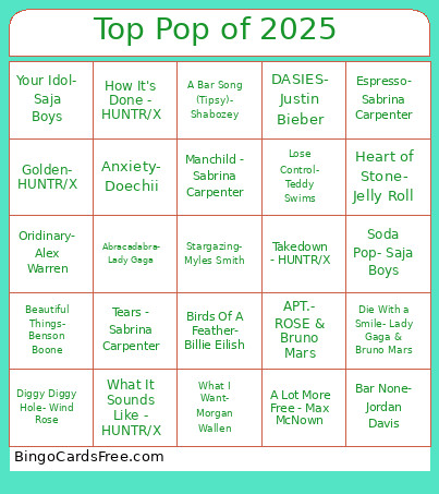 Top Pop 2025 Bingo Cards - Free Unlimited