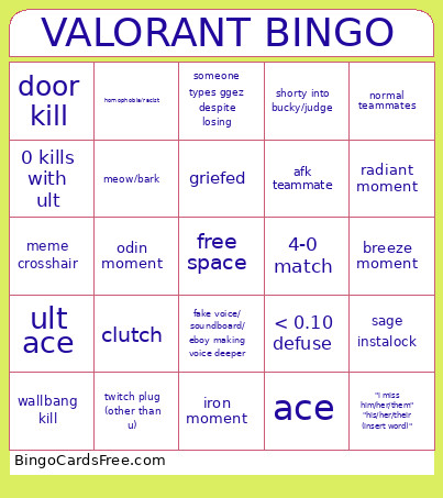 Valorant Spike Rush ChaosOnSight Bingo Cards - Free Unlimited