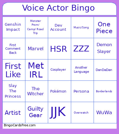 Voice Actor Bingo Cards - Free Unlimited