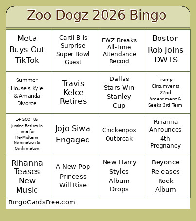 Zoo Dogz 2026 Predictions Bingo Cards - Free Unlimited